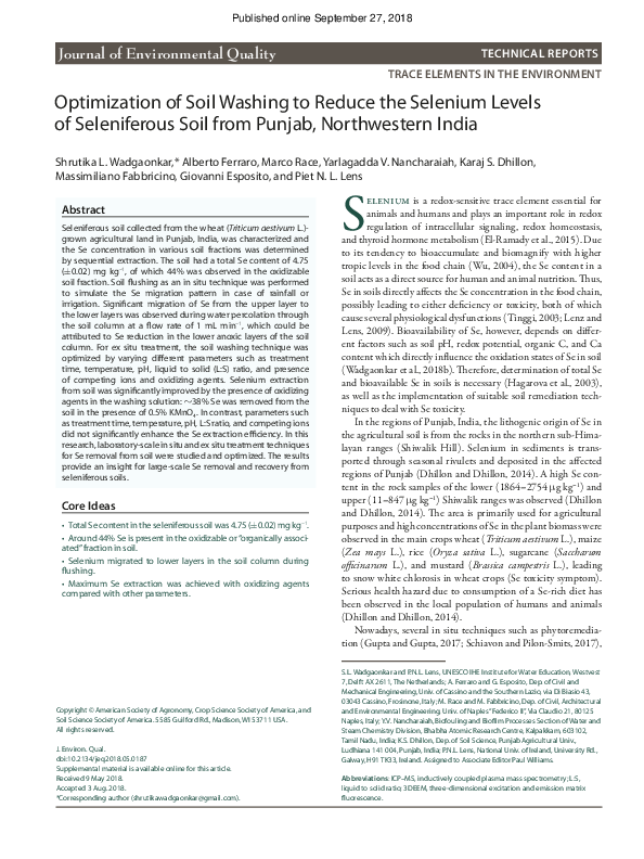 (PDF) Optimization of Soil Washing to Reduce the Selenium Levels of Seleniferous Soil from ...