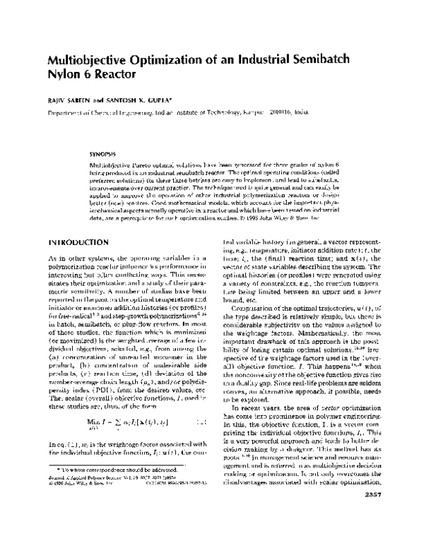 Pdf Multiobjective Optimization Of An Industrial Semibatch Nylon 6