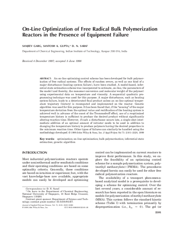 Pdf On Line Optimization Of Free Radical Bulk Polymerization Reactors In The Presence Of
