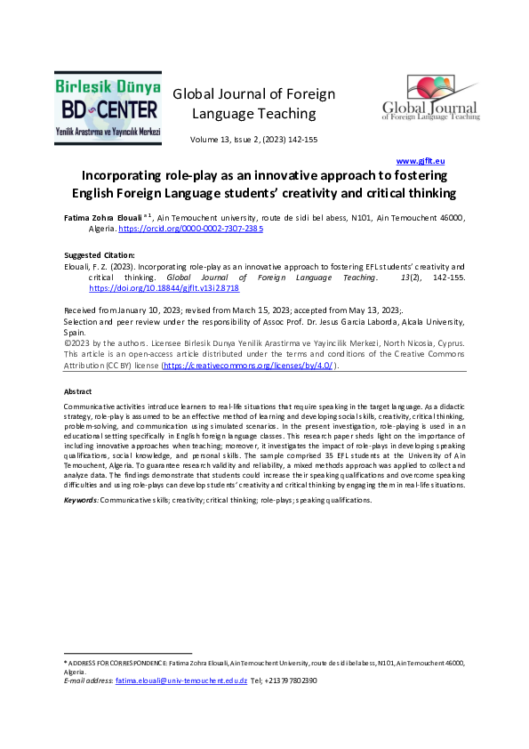 (PDF) Incorporating role-play as an innovative approach to fostering English Foreign Language ...