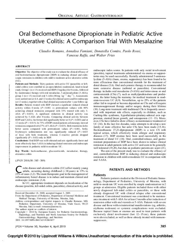 (PDF) Oral Beclomethasone Dipropionate in Pediatric Active Ulcerative ...