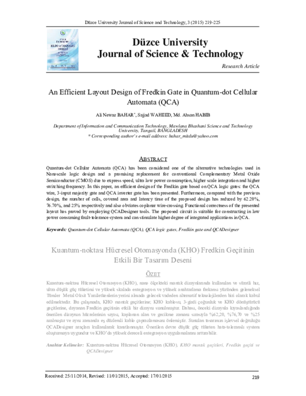 (PDF) An Efficient Layout Design of Fredkin Gate in Quantum-dot Cellular Automata (QCA)