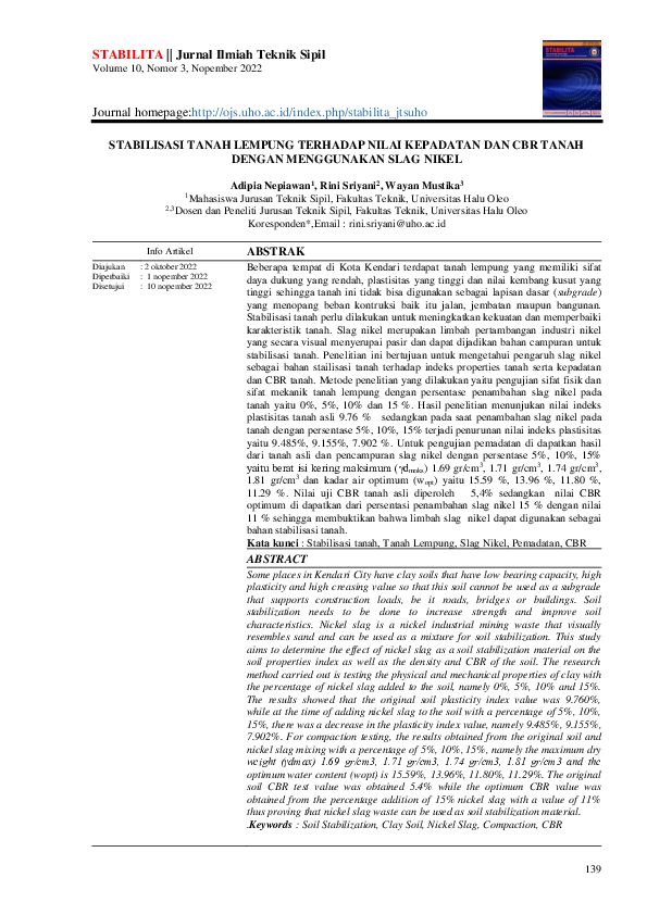 (PDF) Stabilisasi Tanah Lempung Terhadap Nilai Kepadatan Dan CBR Tanah Dengan Menggunakan Slag Nikel
