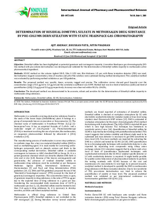 (PDF) DETERMINATION OF RESIDUAL DIMETHYL SULFATE IN METHOXSALEN DRUG SUBSTANCE BY PRE-COLUMN ...