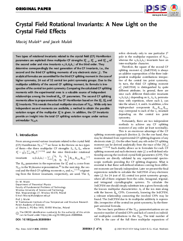 (PDF) Crystal Field Rotational Invariants: A New Light on the Crystal ...