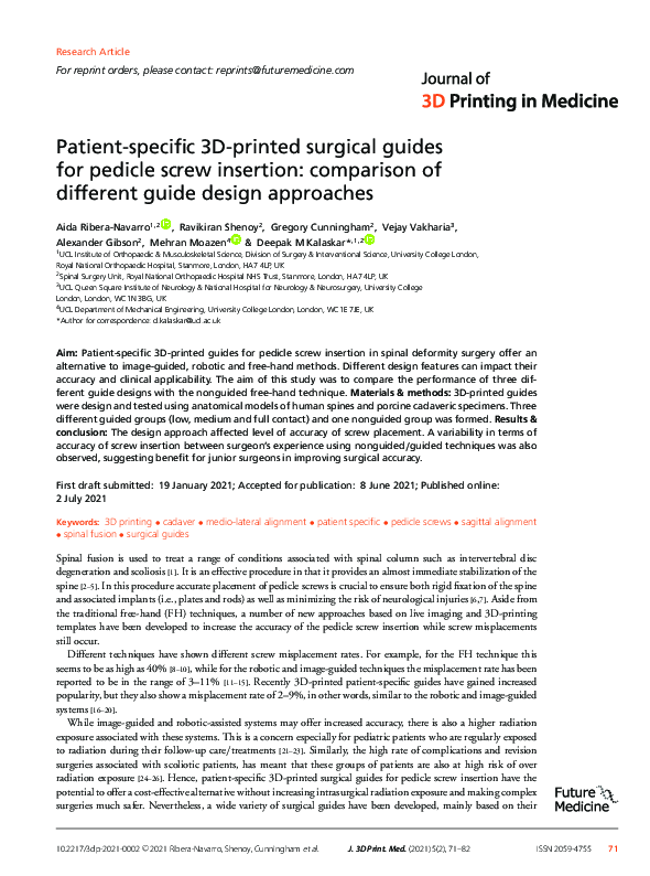 (PDF) Patient-specific 3D-printed surgical guides for pedicle screw insertion: comparison of ...