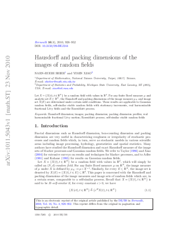 (PDF) Hausdorff and packing dimensions of the images of random fields