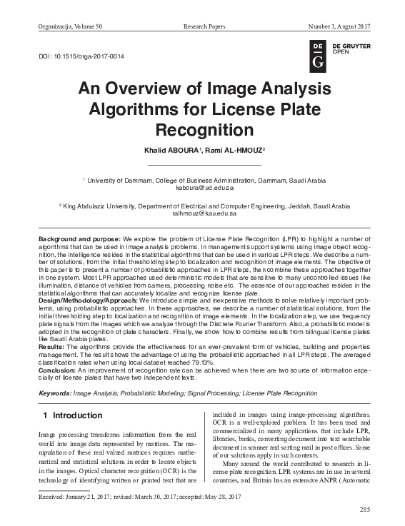 (PDF) Image Analysis Algorithms for License Plates