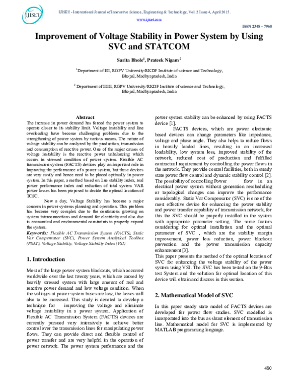 (PDF) Improvement of voltage stability in power system using SVC and STATCOM