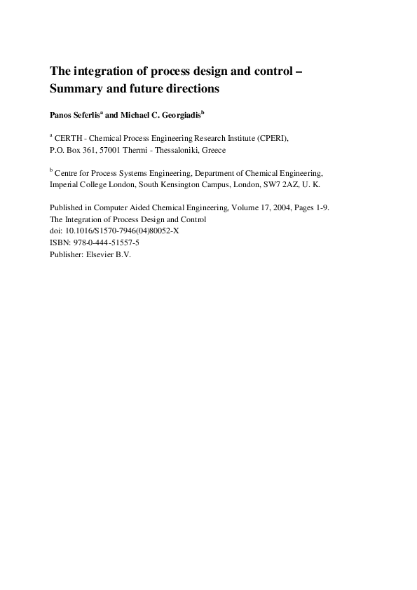 (PDF) The integration of process design and control-Summary and future ...