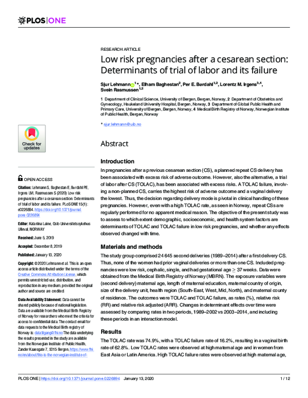(PDF) Low risk pregnancies after a cesarean section: Determinants of ...