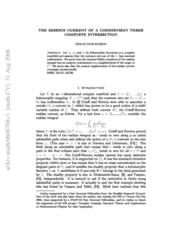 (PDF) The residue current of a codimension three complete intersection