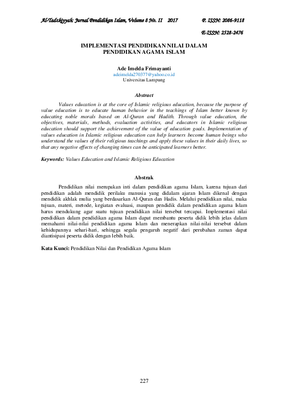 (PDF) Implementasi Pendidikan Nilai Dalam Pendidikan Agama Islam