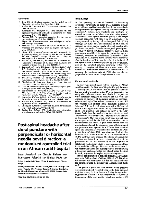 (PDF) Post-Spinal Headache after Dural Puncture with Perpendicular or ...