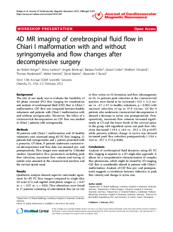 (PDF) 4D MR imaging of cerebrospinal fluid flow in Chiari I ...