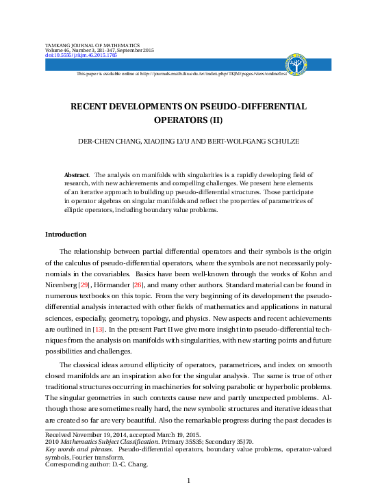 Pdf Recent Developments On Pseudo Differential Operators Ii