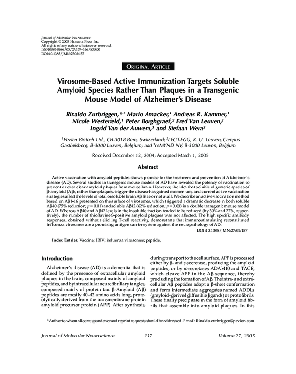 (PDF) Virosome-Based Active Immunization Targets Soluble Amyloid ...