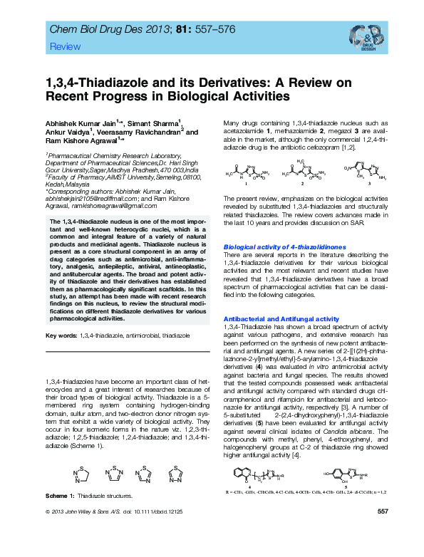 (PDF) 1,3,4-Thiadiazole and its Derivatives: A Review on Recent Progress in Biological Activities