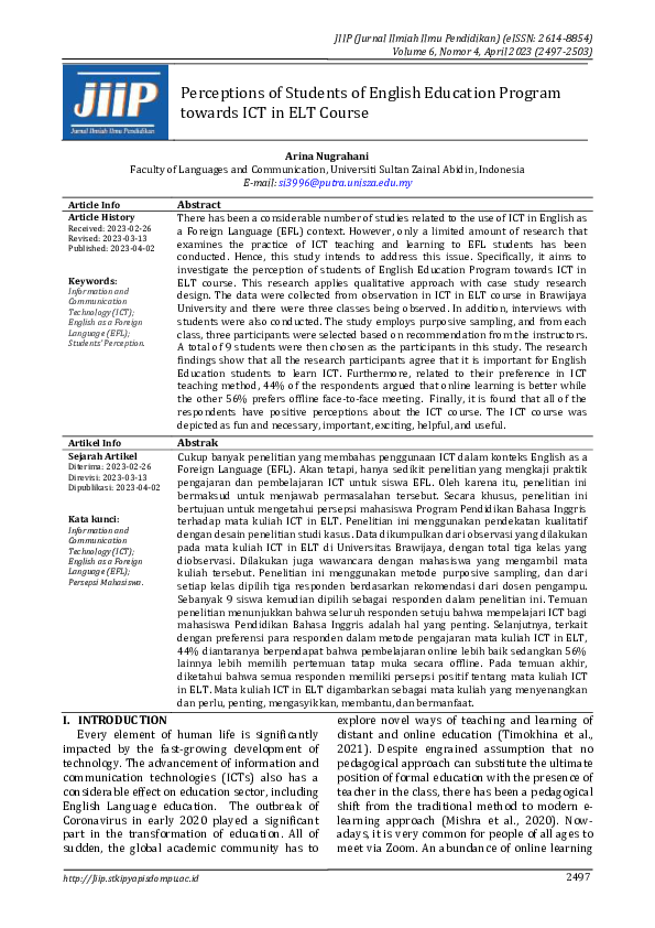 (PDF) Perceptions of Students of English Education Program towards ICT in ELT Course