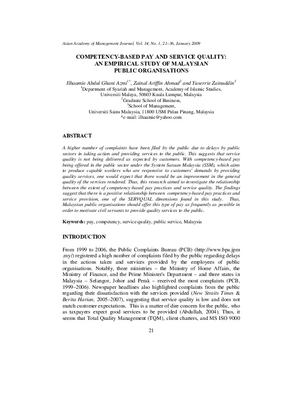 (PDF) Competency-Based Pay and Service Quality: An Empirical Study of Malaysian Public Organisations