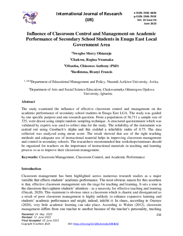 (PDF) Influence of Classroom Control and Management on Academic ...