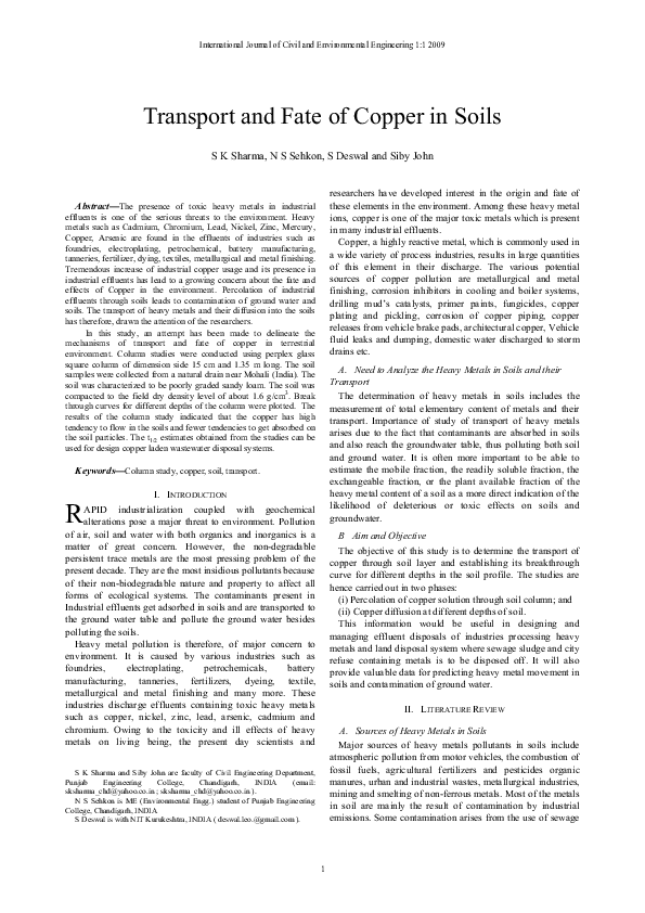 (PDF) Transport and Fate of Copper in Soils