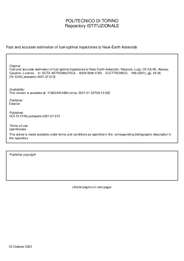 (PDF) Fast and accurate estimation of fuel-optimal trajectories to Near-Earth Asteroids