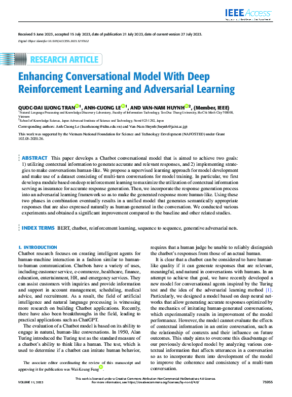 (PDF) Enhancing Conversational Model With Deep Reinforcement Learning and Adversarial Learning