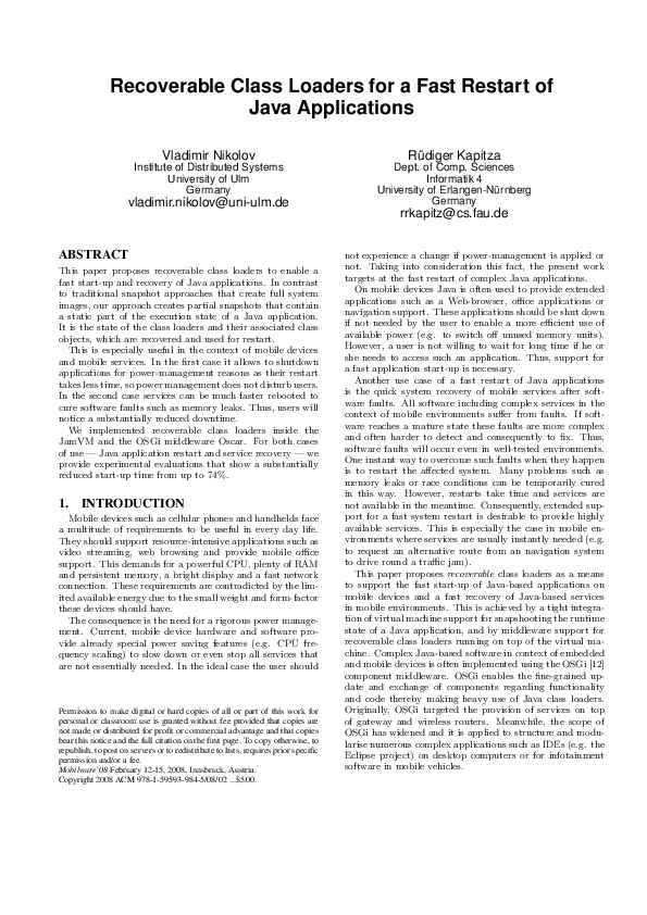 (PDF) Recoverable Class Loaders for a Fast Restart of Java Applications