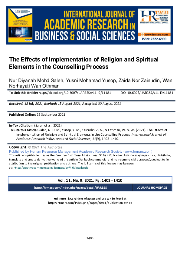 (PDF) The Effects of Implementation of Religion and Spiritual Elements in the Counselling Process