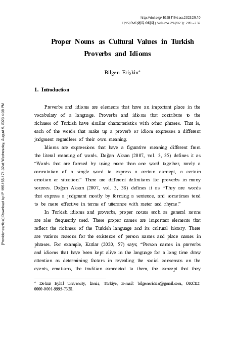 (PDF) Proper Nouns as Cultural Values in Turkish Proverbs and Idioms