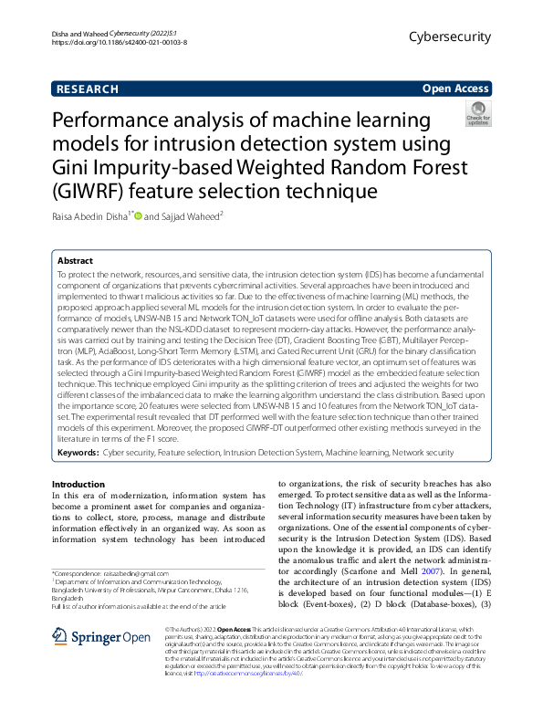 Pdf Performance Analysis Of Machine Learning Models For Intrusion Detection System Using Gini