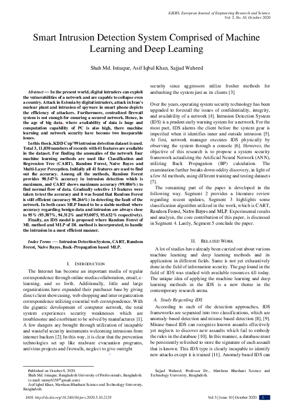 Pdf Smart Intrusion Detection System Comprised Of Machine Learning And Deep Learning