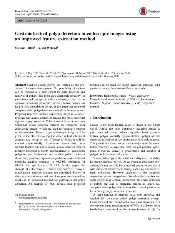 Pdf Gastrointestinal Polyp Detection In Endoscopic Images Using An Improved Feature Extraction