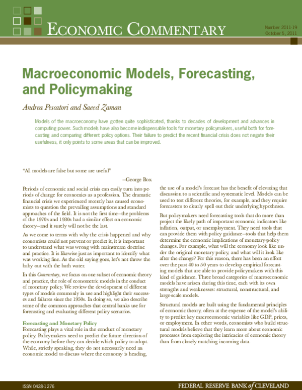 Pdf Macroeconomic Models Forecasting And Policymaking