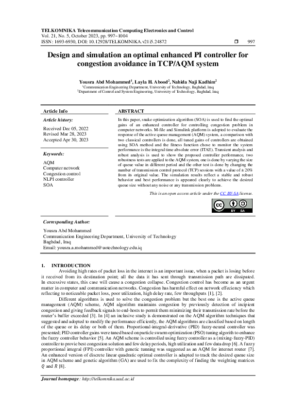 Pdf Design And Simulation An Optimal Enhanced Pi Controller For Congestion Avoidance In Tcp