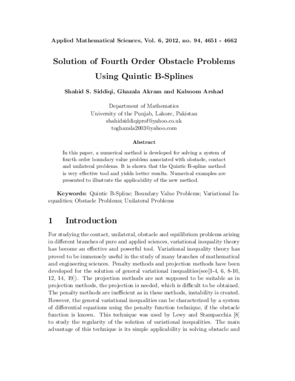 Pdf Solution Of Fourth Order Obstacle Problems Using Quintic B Splines