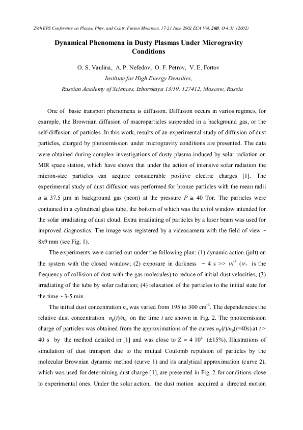 (PDF) Dynamical Phenomena in Strongly Coupled Dusty Plasma Under ...