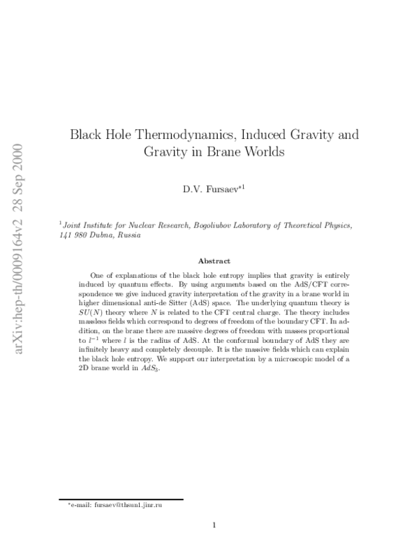 (PDF) Black Hole Thermodynamics, Induced Gravity and Gravity in Brane Worlds