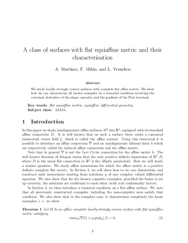 (PDF) A Class of Surfaces with Flat Blaschke Metric and Their ...