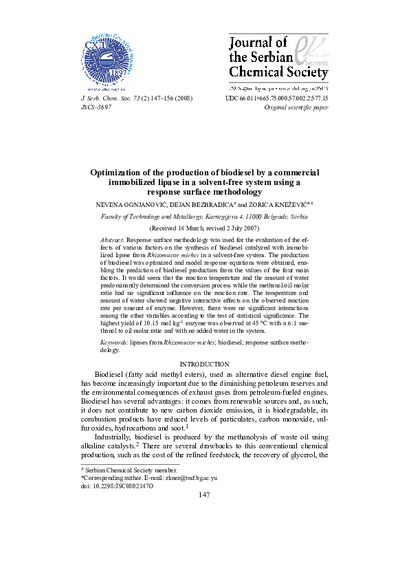Pdf Optimization Of The Production Of Biodiesel By A Commercial Immobilized Lipase In A