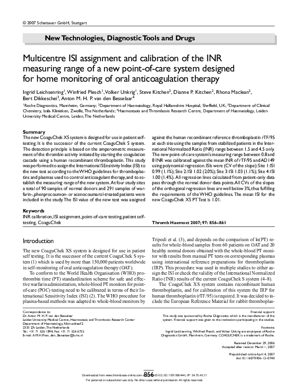 (PDF) Multicentre ISI assignment and calibration of the INR measuring ...