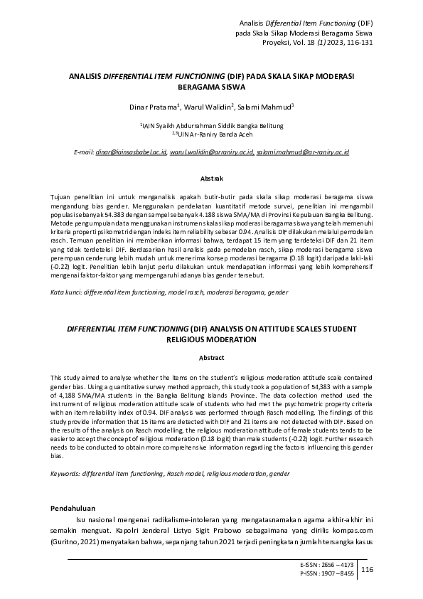 (PDF) Analisis Differential Item Functioning (Dif) Pada Skala Sikap Moderasi Beragama Siswa