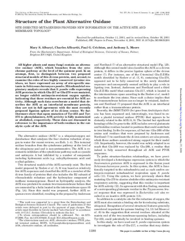 (PDF) Structure of the Plant Alternative Oxidase