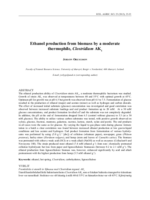 (PDF) Ethanol production from biomass by a moderate thermophile, Clostridium AK1