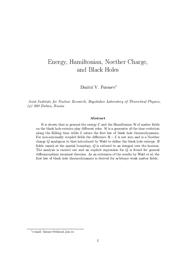 (PDF) Energy, Hamiltonian, Noether charge, and black holes