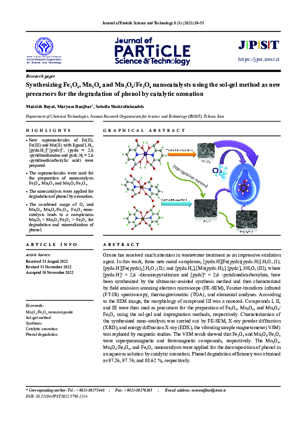 (PDF) Synthesizing Fe3O4 , Mn3O4 and Mn3O4/Fe3O4 nanocatalysts using the sol-gel method as new ...