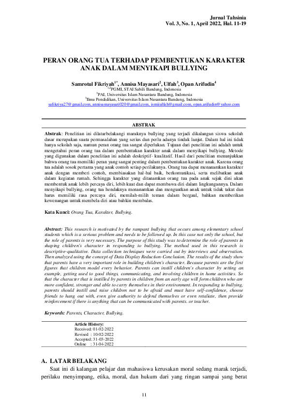 (PDF) Peran Orang Tua Terhadap Pembentukan Karakter Anak Dalam Menyikapi Bullying