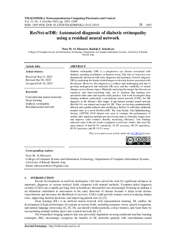 Pdf Resnet N Dr Automated Diagnosis Of Diabetic Retinopathy Using A Residual Neural Network