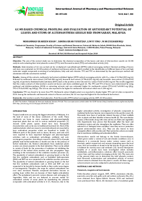 (PDF) GC-MS BASED CHEMICAL PROFILING AND EVALUATION OF ANTIOXIDANT POTENTIAL OF LEAVES AND STEMS ...
